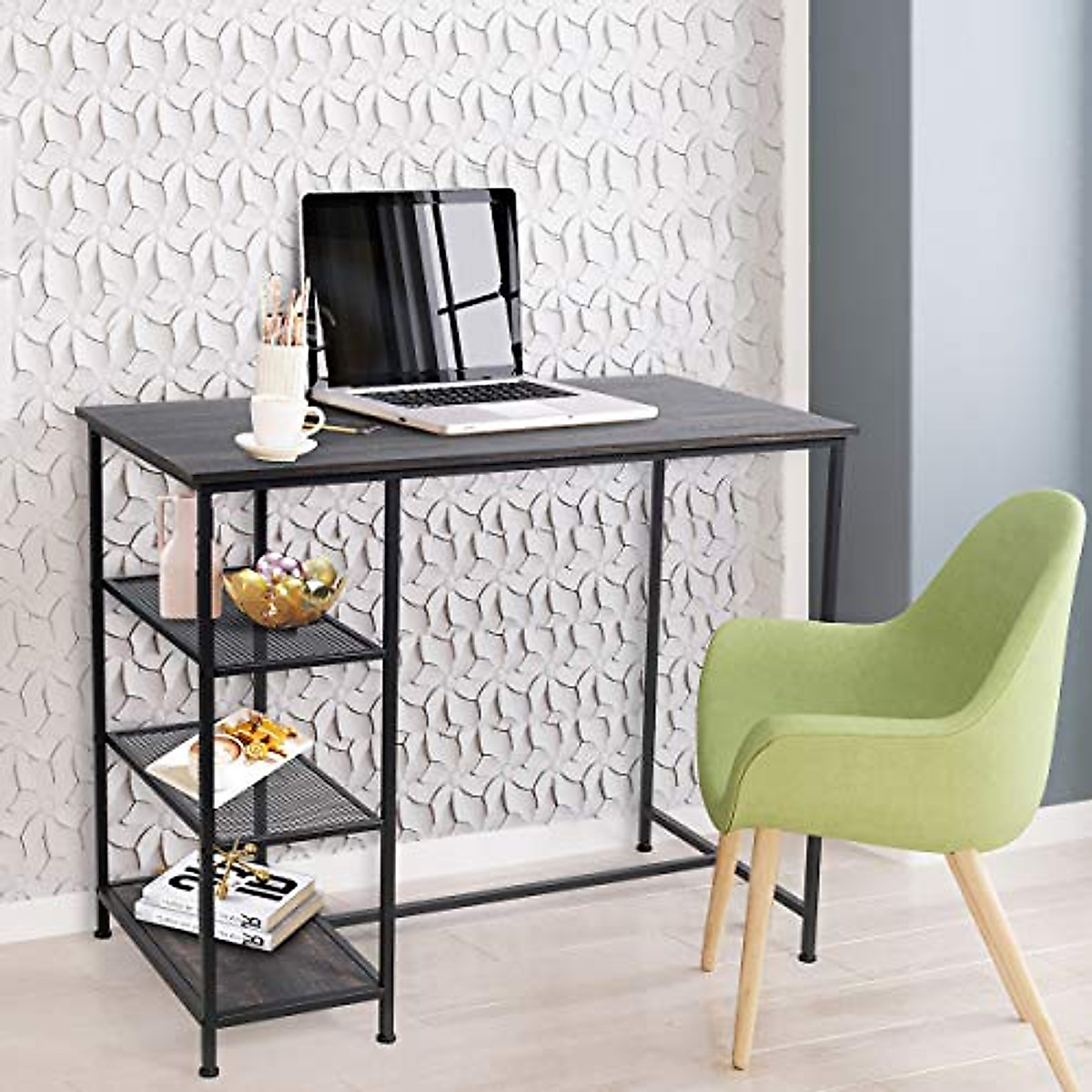 COSTWAY Counter Height Pub Table, Modern Bar Table with 3 Open Storage Shelves, Dining Table with Metal Frame for Small Space, Dining Room, Living Room, Breakfast Nook, Bar, Black