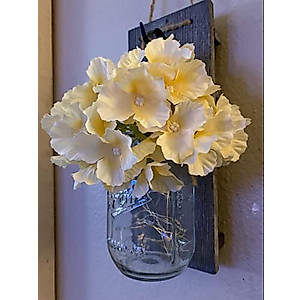Emuardoe Mason Jar Wall Decor Rustic Wall Sconces Decorative 2 Packs LED Fairy Lights and Flowers Farmhouse Home Decor 6 Hours (Three meters, Khaki planks)