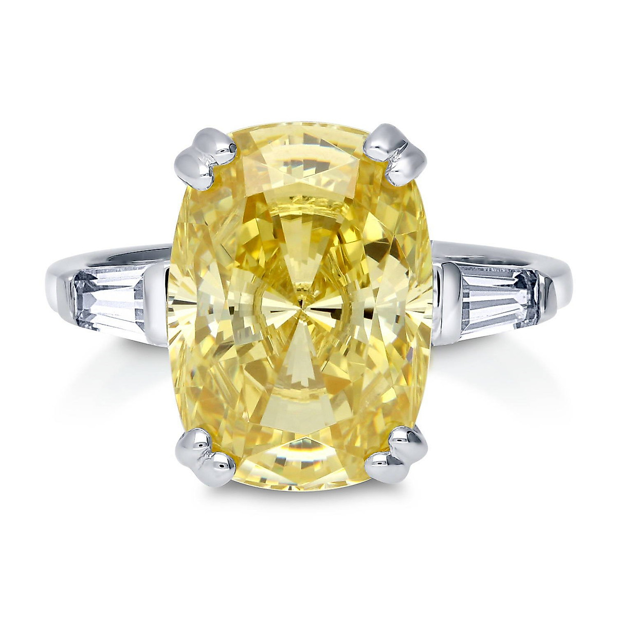 BERRICLE Sterling Silver 3-Stone Canary Yellow Cushion Cut Cubic Zirconia CZ Statement Cocktail Fashion Anniversary Ring for Women, Rhodium Plated Size 6