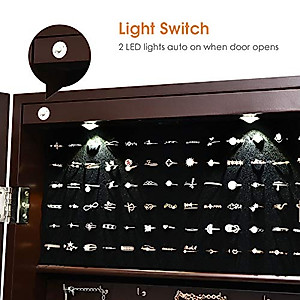 Giantex Wall/Door Mounted Jewelry Armoire Organizer with 2 LED Lights, Lockable Height Adjustable Jewelry Cabinet with Full Length Mirror, Large Capacity Dressing Makeup Jewelry Mirror Storage (Brown)
