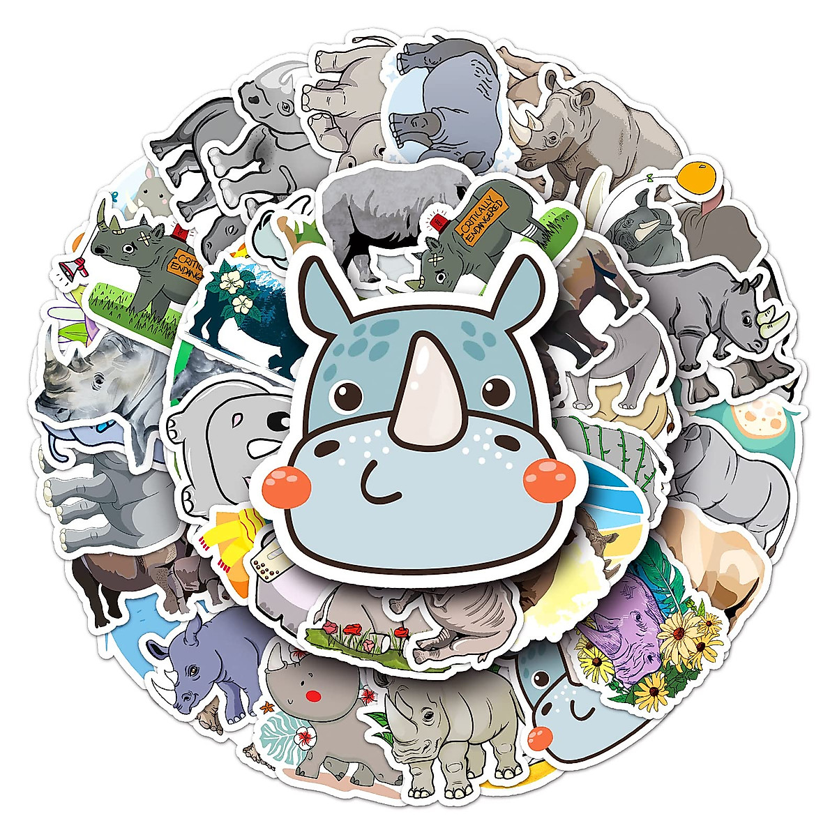 Cute Rhino Stickers,Cartoon 50 PCS Funny Rhinoceros Animal Vinyl Stickers,Laptops Water Bottles Computer Skateboard Journal Sticker Decals for Kids Teens Girls