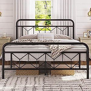 Topeakmart Queen Size Vintage Metal Bed Frame with Headboard/Mattress Foundation/No Box Spring Needed/Under Bed Storage/Strong Slat Support Black