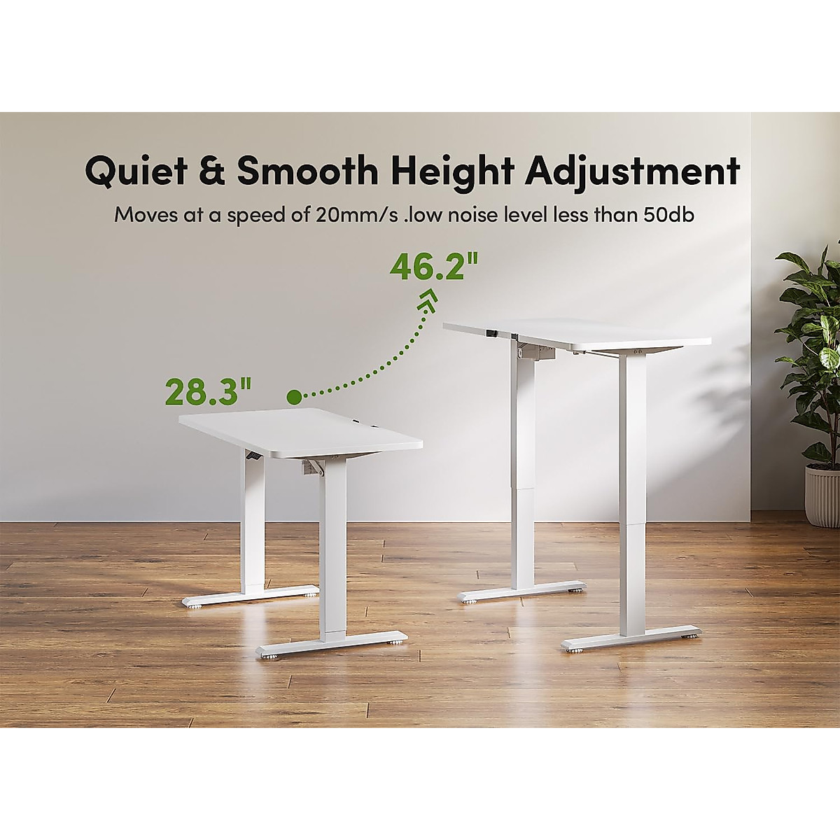 BANTI Small Electric Standing Desk, Stand up Height Adjustable Home Office Table, Sit Stand Desk with Splice Board, 43"x24", White Frame & White Top