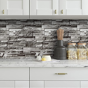 Jeweluck Stone Brick Wallpaper Peel and Stick Wallpaper 17.7inch×118.1inch Faux Stone Self Adhesive Wallpaper Kitchen Backsplash Gray Brick Contact Paper Stone Removable Wall Paper Decor Vinyl