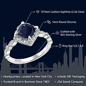 Gem Stone King 925 Sterling Silver Blue Sapphire and Moissanite Solitaire Ring For Women (2.34 Cttw, Cushion Cut 7MM, Gemstone, Available in Size 5, 6, 7, 8, 9)