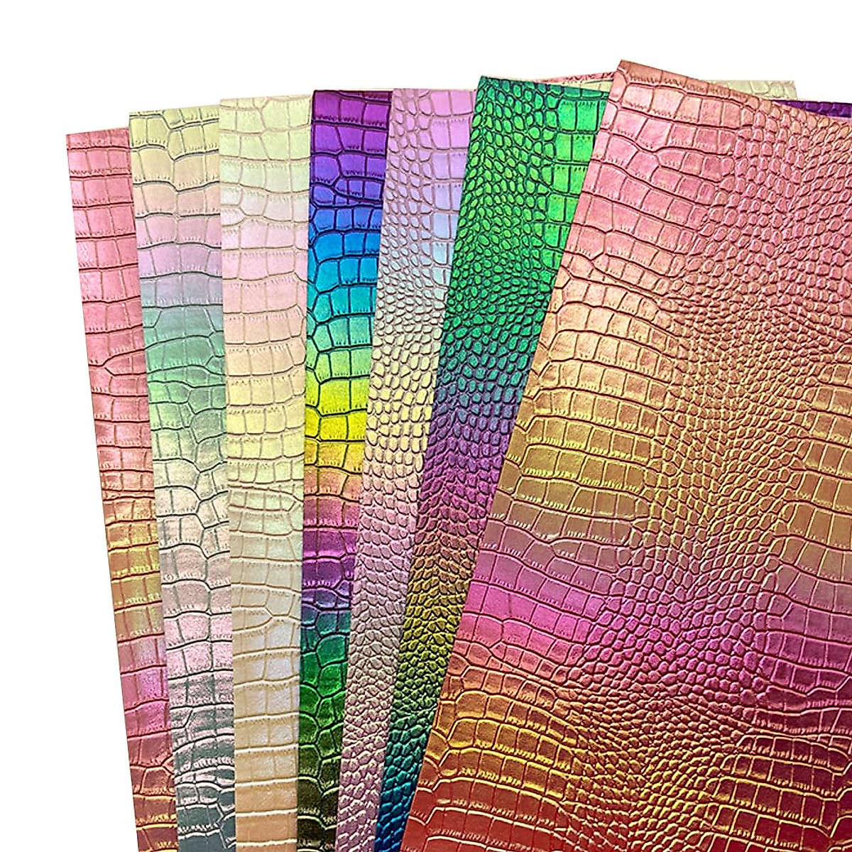 8 x 12 inches Holographic Iridescence Crocodile Faux Leather Sheets, 7pcs A4 Shiny Alligator Textured Synthetic Leather Fabric for Crafts Making Leather Earrings, Bows,Sewing ﻿