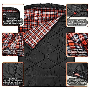 AGEMORE Cotton Flannel Double Sleeping Bags for Adults, 2 Person Waterproof Queen Size Sleeping Bag, Double Wide and Warm for Family or Couples Cold Weather Outdoor Camping or RV Traveling