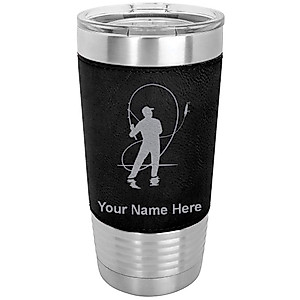 LaserGram 20oz Vacuum Insulated Tumbler Mug, Fly Fisherman, Personalized Engraving Included (Faux Leather, Black)