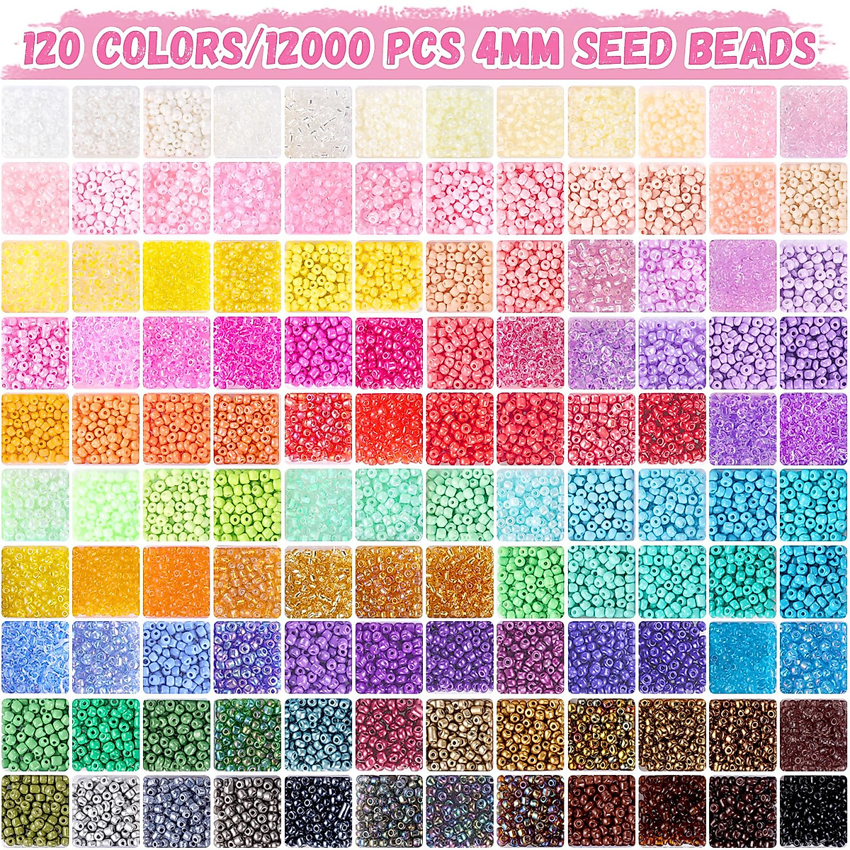Funtopia 4mm 13000pcs+ Seed Beads for Jewelry Making, 120 Colors Small Glass Beads for Bracelets, Friendship Bracelet Kit with Alphabet Letter Beads Smile Face Beads for DIY, Art and Craft