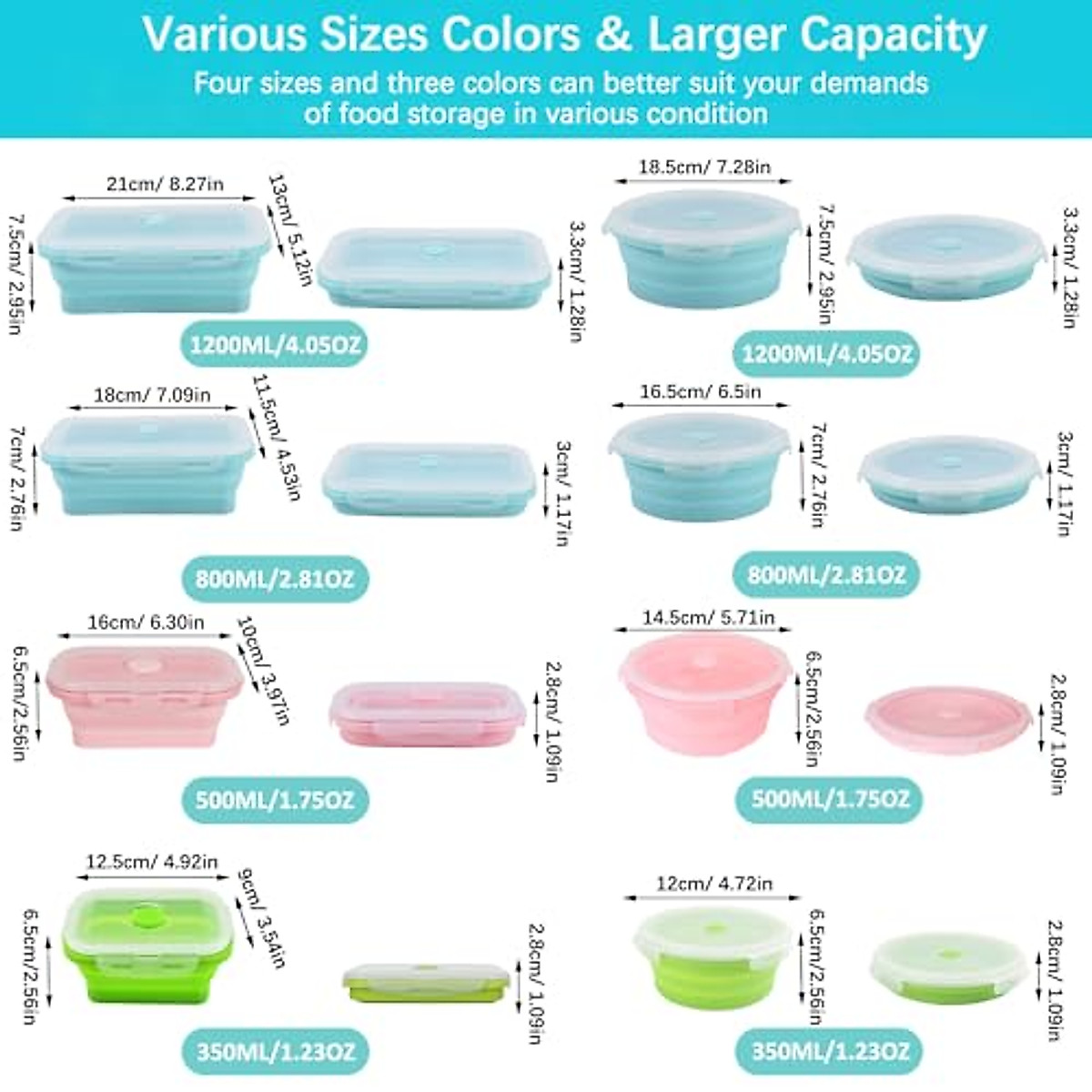 LYASILGC Set of 8 Collapsible Silicone Food Storage Containers, Collapsible Bowls with Airtight Lids, Flat Stacks, Meal Prep, Lunch Box Container, RV Organization And Storage