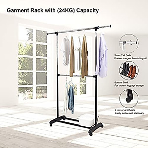 RYGOAL Double Rod Garment Racks for Hanging Clothes, Rolling Clothes Organizer Extendable Portable Clothing Hanging Garment Rack for Adult Coat, Closet, Wardrobe