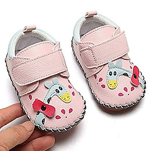 HsdsBebe Baby Boys Girls Pu Leather Hard Bottom Walking Sneakers Toddler Rubber Sole First Walkers Infant Cartoon Slippers Crib Shoes, Giraffe/Pink, 12-18 Months Toddler