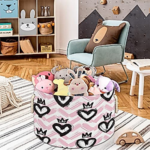 Hearts Crowns Pink Stripe Romantic Large Round Baskets for Storage Laundry Baskets with Handles Blanket Storage Basket for Bathroom Shelves Bins for Organizing Nursery Hamper Girl Boy