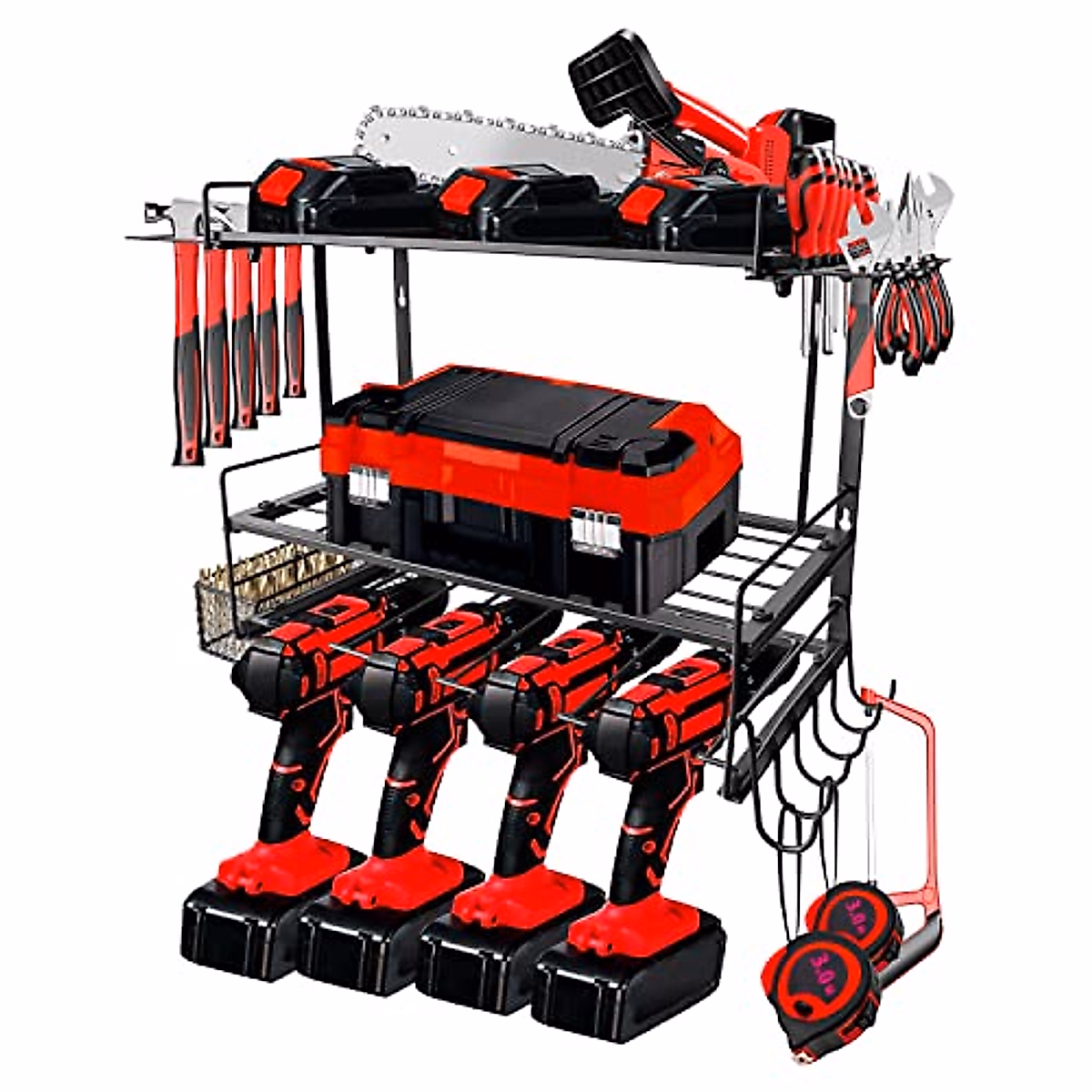 PCBRWA Wall Mounted Power Tool Storage Rack - Heavy Duty Wall Mounted Tool Rack with 3 Layer Metal Tool Organiz and storage with Screwdriver Holder/Plier Holder(Black)