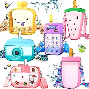 Queekay 6 Pcs Water Bottles with Straws for Kids Watermelon Water Bottle Adjustable Strap Leakproof Plastic Watermelon Ice Cream Camera Bread Biscuits Shaped Water Bottle for School Travel