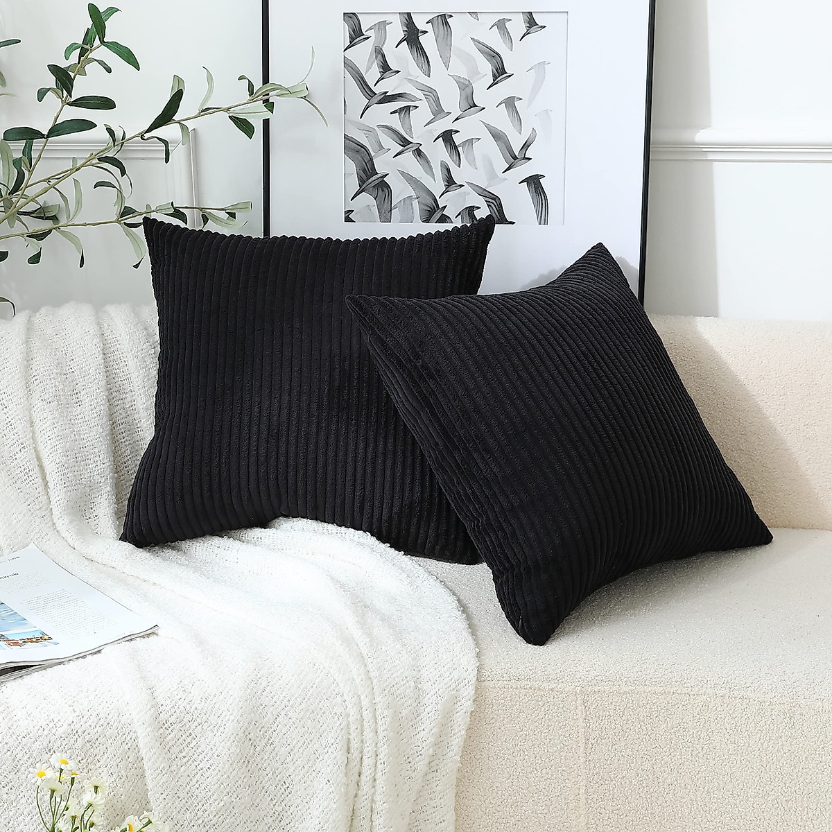 Stellhome Pack of 2, Corduroy Soft Decorative Square Throw Pillow Cover Accent Striped Cushion Covers Pillowcase, Home Decor Decorations for Sofa Couch Bed Chair, 18x18 Inch/45x45 cm, Black