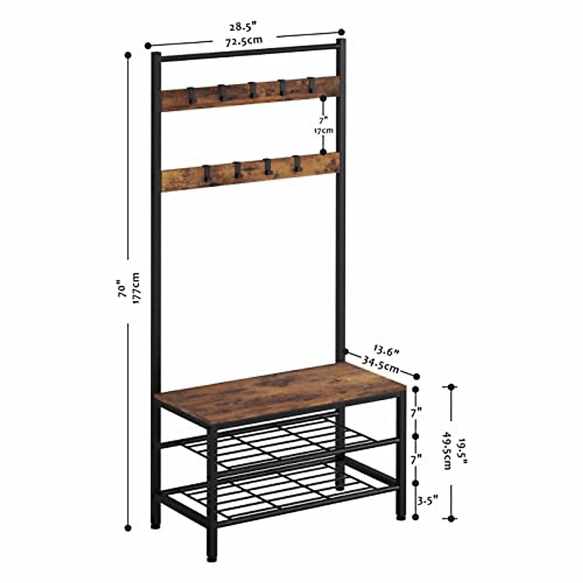 Coat Rack, Hall Tree with Shoe Bench for Entryway, 3-in-1 Industrial Entryway Bench with Coat Rack Freestanding Accent Furniture with Steel Frame, Vintage Brown