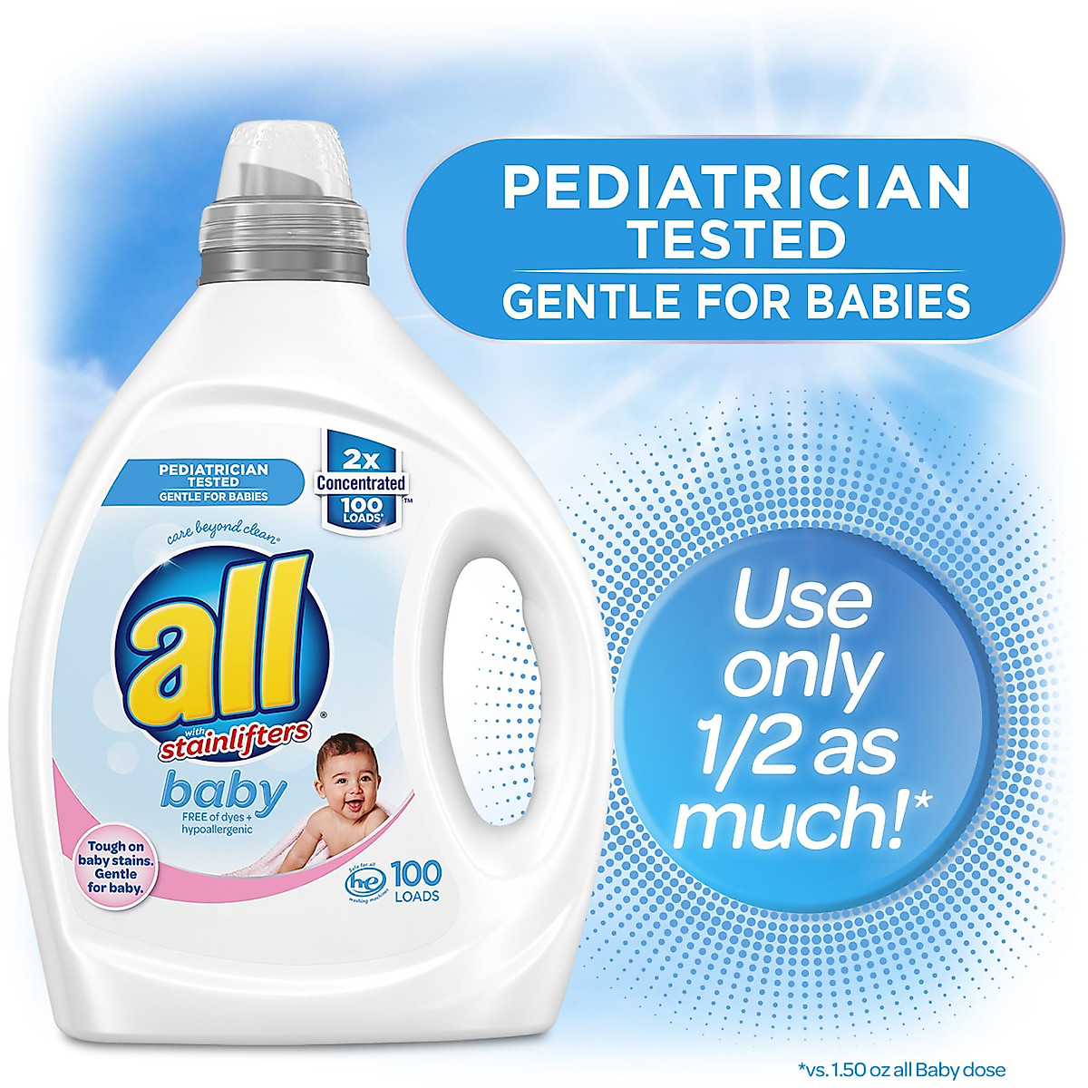 all Liquid Laundry Detergent, Gentle for Baby, Hypoallergenic & Free Of Dyes, 2X Concentrated, 100 Loads