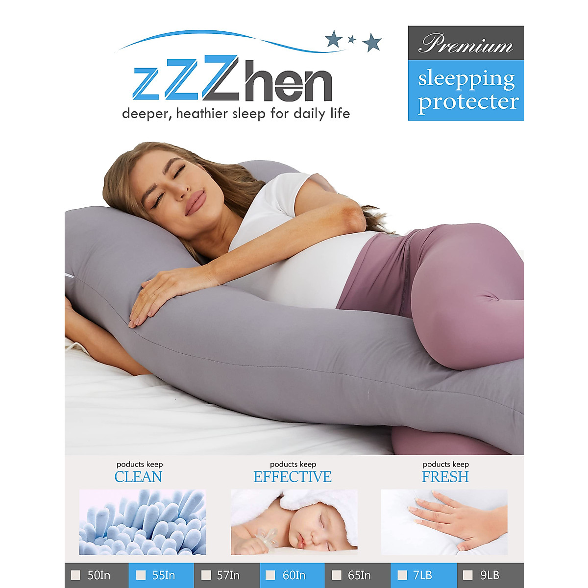 ZZZhen Pregnancy Pillow for Sleeping, U Shaped Maternity Pillow - 56 Inch with Grey Microfiber Removable Cover, Multi- Use and Support Back, HIPS, Legs, Belly for Pregnant Women Sleeping