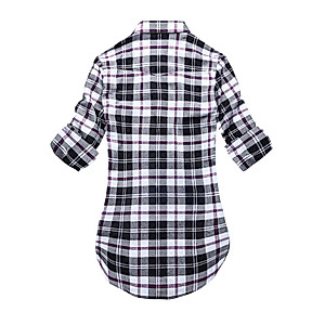 Match Womens Button Down Flannel Plaid Shirts roll up Long Sleeve Shackets Business Blouse Top (Large, Checks#5)