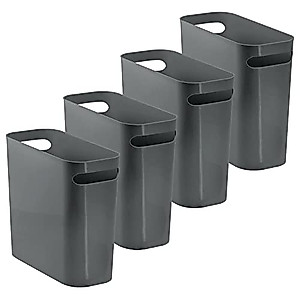 mDesign Plastic Small Trash Can, 1.5 Gallon/5.7-Liter Wastebasket, Narrow Garbage Bin, Handles for Bathroom, Laundry, Home Office - Holds Waste, Recycling, 10" High, Aura Collection, 4 Pack, Dark Gray