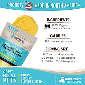 Raw Paws USA Organic Pumpkin Powder for Cats & Dogs, 4-oz - Healthy Stool, Diarrhea, Constipation Relief, Pure Pumpkin for Dogs, Canned Pumpkin for Dogs Alternative, Dog Pumpkin Powder, Fiber for Cats