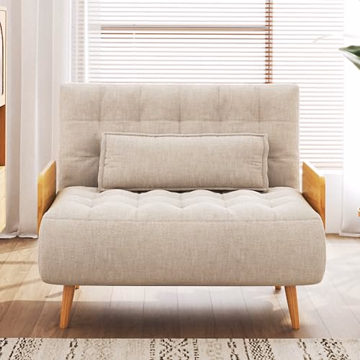 JASIWAY 3-in-1 Convertible Chair Bed Sleeper for Adults, Linen Convertable Sleeper Chair with Wooden Arms & Pillows, Foldable Single Futon Sofa Bed for Small Spaces, Mid Century, 76.6" D x 36.6" W