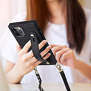 DEFBSC Crossbody Case for iPhone 12, iPhone 12 Pro Case 5G, Finger Strap Wallet Case with PU Kickstand and Adjustable Detachable Crossbody Strap Card Slot Heavy Duty Protective Square Cover-Black