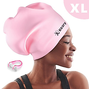 Extra Large Swim Cap for Braids and Dreadlocks Afro Hair Extensions Weave Long Hair, Waterproof Silicone Cover Ear Bath Pool Shower Swimming Cap for Women Men Youth Kids Girl , Pink, One size