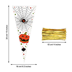 100 Pcs Halloween Cone Treat Bags 6 x 15 Inches Cellophane Clear Sweet Candy Bags Triangle Cones Popcorn Bags Plastic Pumpkin Spider Bags with Twist Ties for Halloween Easter Birthday Party Supplies