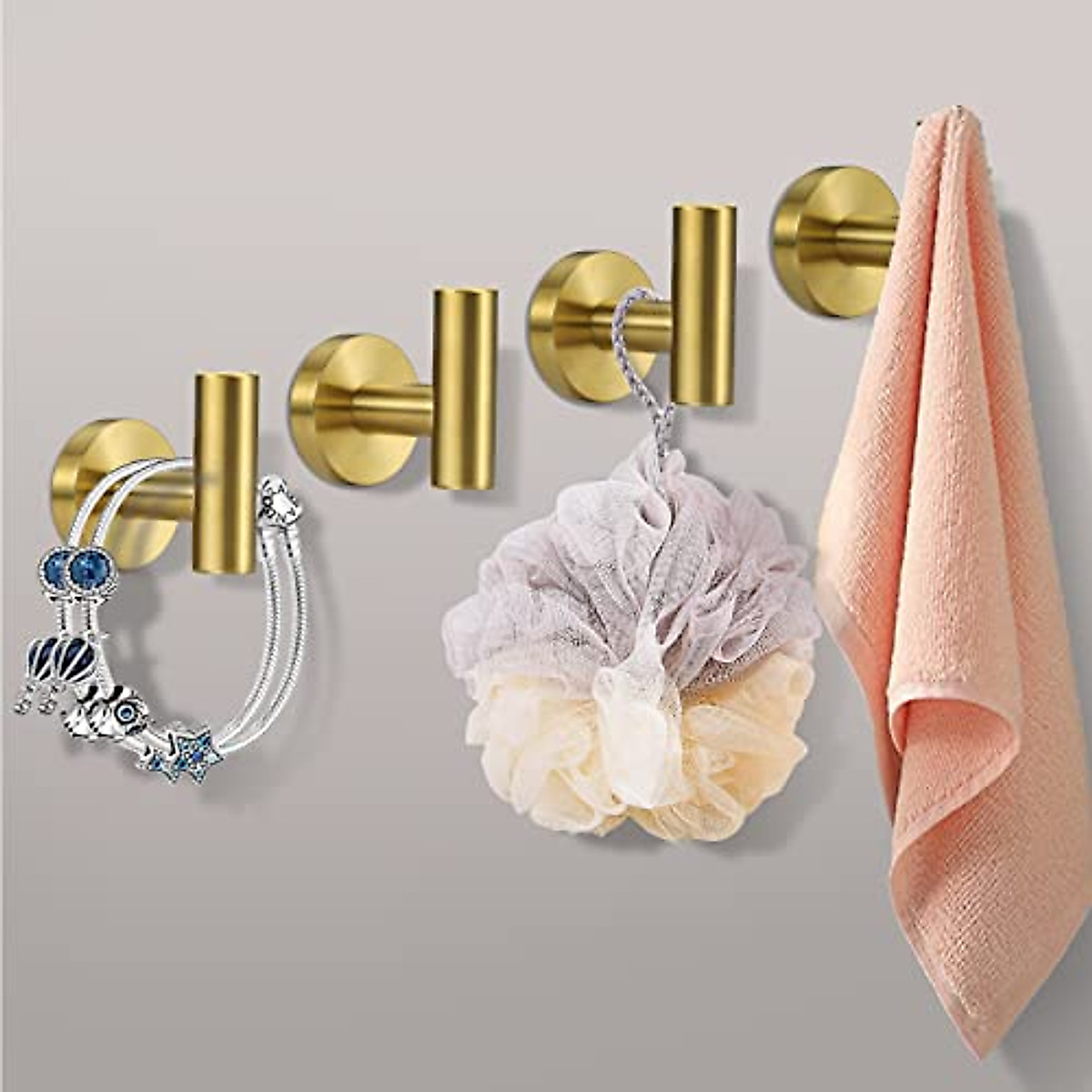 GRANTENOV Bathroom Towel Hooks Hanger Brushed Gold SUS304 Stainless Steel Brushed Brass Heavy Duty Robe Clothes Coat Hooks Holder for Shower Kitchen Garage Laundry Room Hotel Wall Mounted,4-Pack