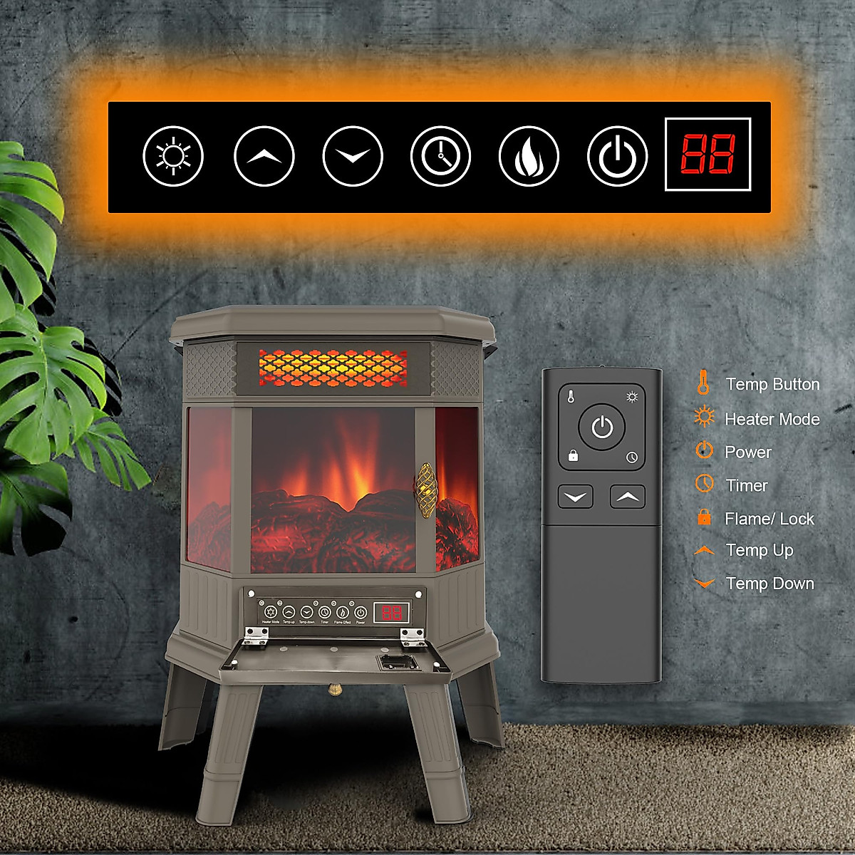 RealSmart Electric Fireplace Heater 22'' Freestanding Fireplace Stove Infrared Fireplace with 3D Flame Effect Remote Control, Timer, Overheating Protection Heater for Indoor Use Brown