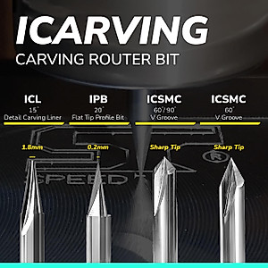 SPEED TIGER Carving Router Bit Set - ICARVE 60° & 90° V Groove, 15° Detail Carving Liner, 20° Flat Tip Profile Bit (4 Pieces) – Mill Bits Sets for DIYers & Professionals