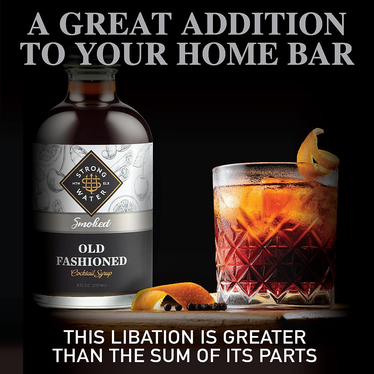 Strongwater Smoked Old Fashioned Craft Cocktail Mixer - Makes 32 Cocktails - Handcrafted Old Fashioned Syrup with Lapsang Souchong Tea, Sugar, Citrus & Cherry - Just Mix with Bourbon or Whiskey