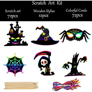 LOKIPA Halloween Scratch Paper, 72 Pieces Magic Rainbow Scratch Off Art Cards Ornaments for Kids Halloween Crafts
