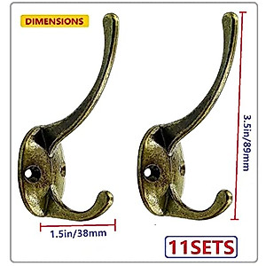11 Pack Dual Wall Hooks Heavy Duty Made of Metal Wall Mounted with 22 Screws Hooks Fits for Coat,Bag,Towel,Hat,Key,Robes,Retro (Antique Brass, 11PCS)