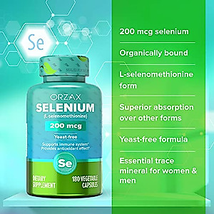 ORZAX Selenium, Helps Antioxidant & Immune Support System, Selenomethionine 200mcg, Thyroid Support* for Women and Men, Yeast and Dairy Free, 180 Vegetable Capsules (180 Day Supply)