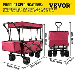 Happbuy Extra Large Collapsible Garden Cart with Removable Canopy, Folding Wagon Utility Carts with Wheels and Rear Storage, Wagon Cart for Garden, Camping, Grocery Cart, Shopping Cart, Red