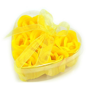 Domire Elegant Rose Petal Soap Flowers in a Clear Heart-shaped Container / 6 Yellow Rose Soaps Per Box