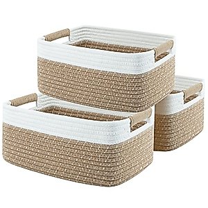 OIAHOMY 12.8x9x5.5in Woven Baskets for Storage, Storage Baskets for Shelves, Cotton Rope basket set of 3, Decorative Storage Baskets, Rectangle Basket With Handles, Brown and White