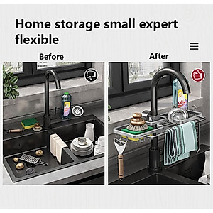 SIMCAS 2023 NeverRust Faucet Sponge Holder Kitchen Sink Caddy, Detachable Faucet Rack Drain Shelf for Sponge, Brush, Soap, Dishcloth, Bathroom Organizer with Hooks, RV & Kitchen Accessories, Aluminum