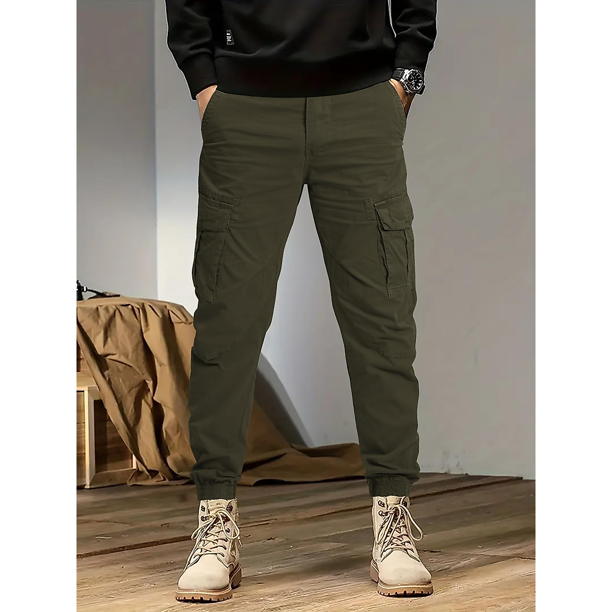 OUTSON Cargo Pants for Men Hiking with Pockets Slim Fit Stretch Work Ripstop Joggers Tactical Pant Construction Pants Green