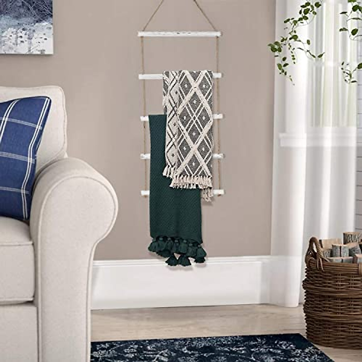 Towel Rack for Bathroom- 3.3-Foot Wall Hanging Whitewashed Wood & Rope Blanket Ladder with 5 Rungs for Farmhouse Room Decor (Whitewashed)