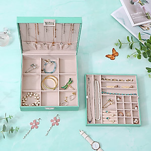 BEWISHOME Jewelry Box Gifts for Girls Women Jewelry Organizer Box 2 Layers Velvet Jewelry Boxes with Necklace Hooks, PU Leather Jewelry Storage Case for Rings, Earrings, Bracelets Cyan SSH71Q