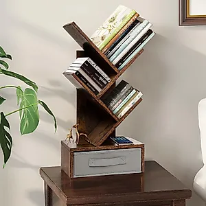 3 Tier Tree Bookshelf with Drawer, 23" H x 11.8" L x 6.7" W, Small Tree Tabletop Bookcase, Table Top Book Shelf for Living Room, Bedroom, Home Office, Rustic Brown