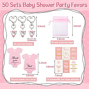 Teling 50 Sets Baby Shower Party Favors Include Baby Shower Angel Keychains Baby Girl Label Sticker Elephant Thank You Card Organza Bag for Girl Baby Shower Birthday Party Return Gift (Pink)