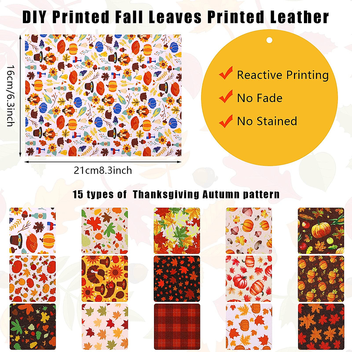 15 Pieces Fall Thanksgiving Faux Leather Sheet Autumn Theme Plaid Printed Artificial Leather Sheet Pumpkin Fall Leaves Pattern Synthetic Leather Sheet for DIY, 8.3 x 6.3 Inch