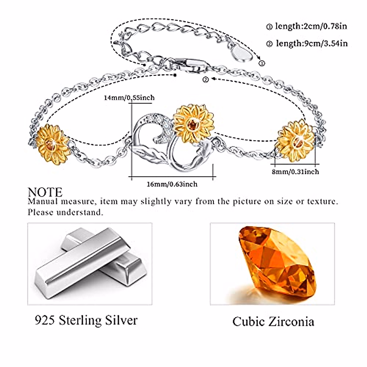 Cuoka Sunflower Bracelet 925 Sterling Silver Sunflower Jewelry For Women Girlfriend with Box