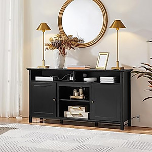 Yaheetech Black TV Stand with Doors for TVs up to 65 in, Modern TV Console with Power Outlet & Storage Shelf, Mid-Century Entertainment Center for Living Room, 31 in Tall