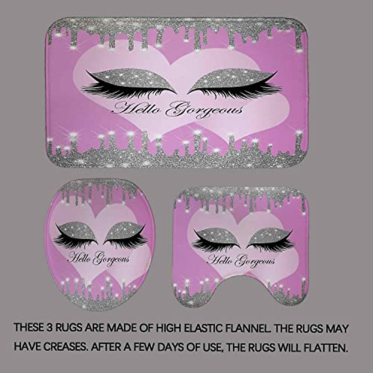 Dia Magico 4PCS Eyelash Shower Curtain Set, Hello Gorgeous Bling Silver Drips Glitter Eyeshadow Pink Heart Makeup Glam Modern Fashion Girl Bathroom Decor Fabric Purple Shower Curtain Non-slip Bath Mat
